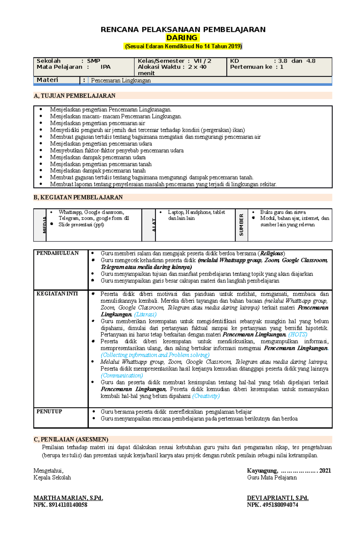 9. RPP IPA 7 Daring - rpp - RENCANA PELAKSANAAN PEMBELAJARAN DARING ...