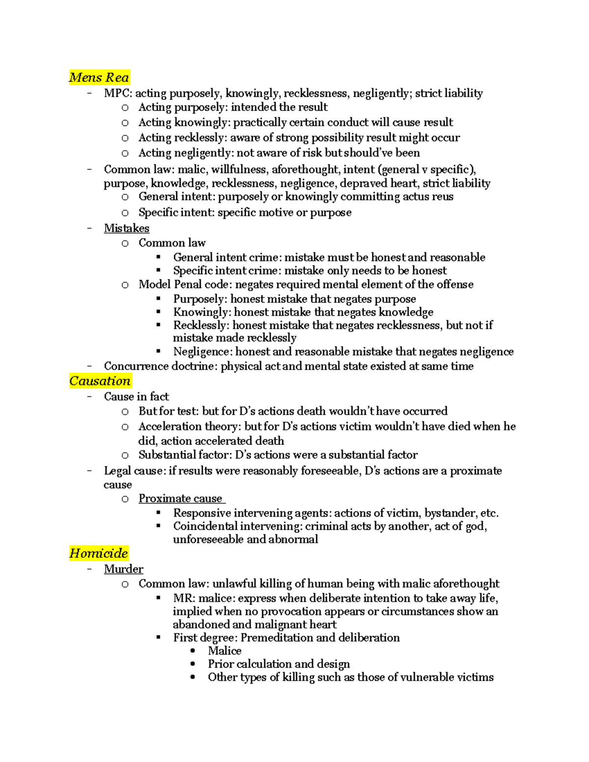 Criminal outline - break down - Mens Rea - MPC: acting purposely ...