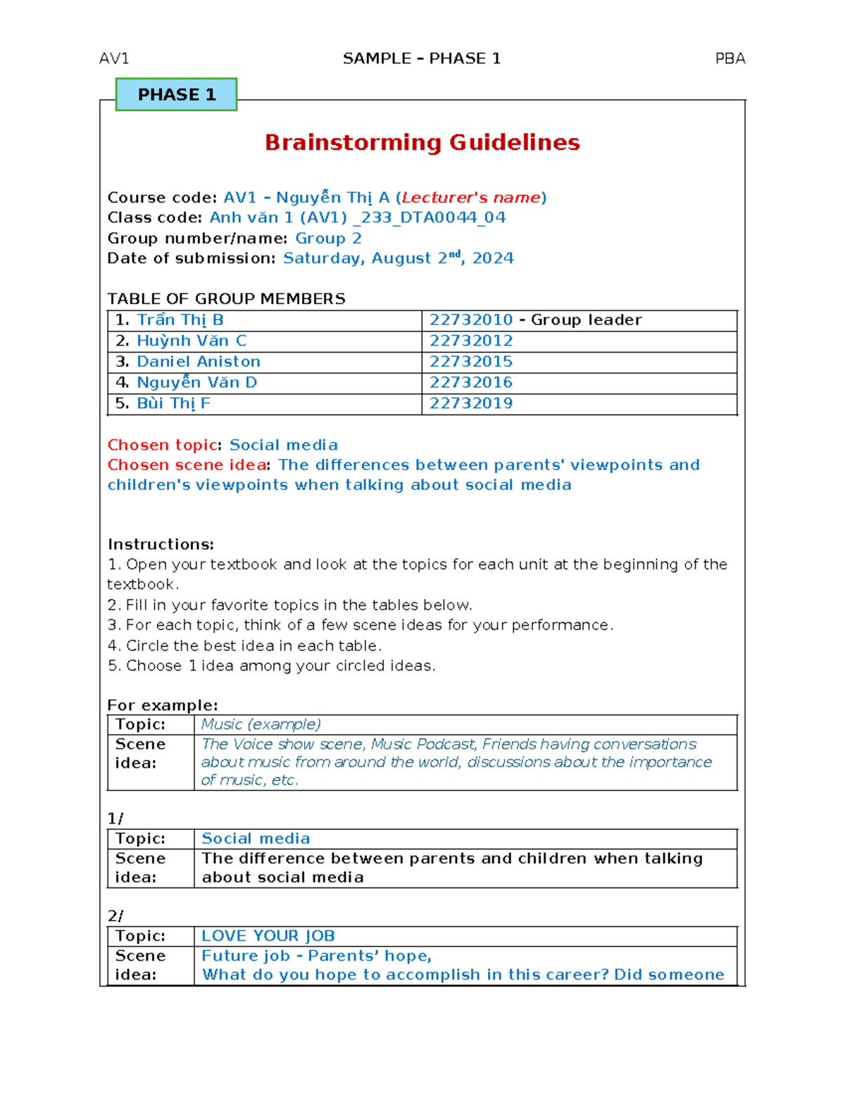 Sample Phase 1 - nothing - AV1 SAMPLE – PHASE 1 PBA Brainstorming ...