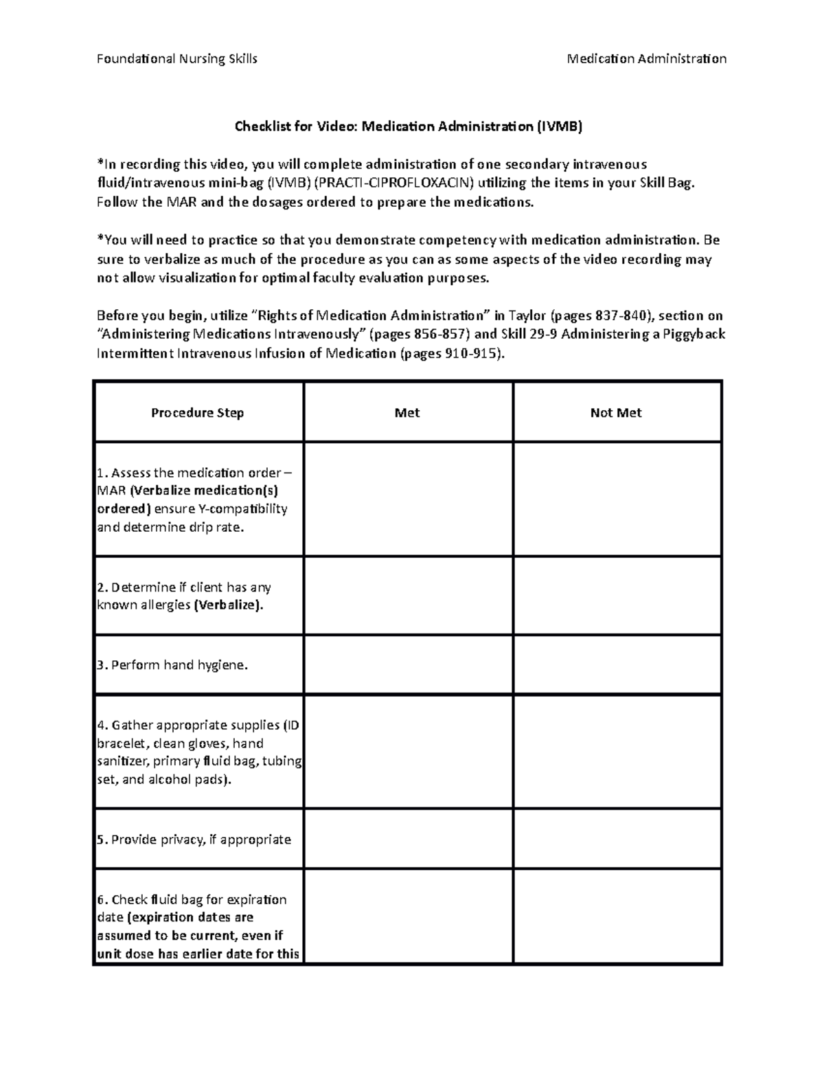 Checklist for Secondary IV Video-2 - Checklist for Video: Medication ...