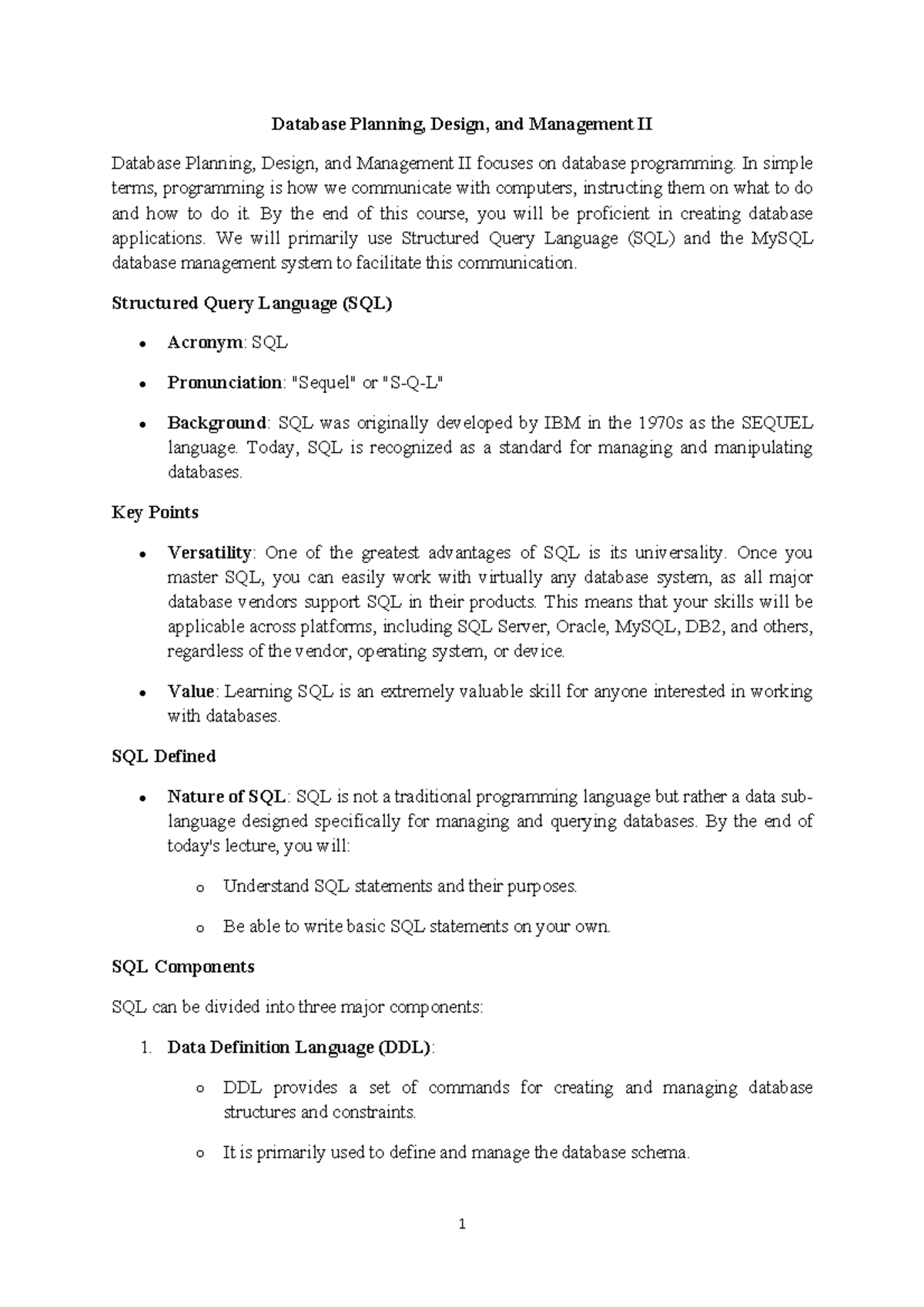 Part-1 - Concise notes - Database Planning, Design, and Management II ...