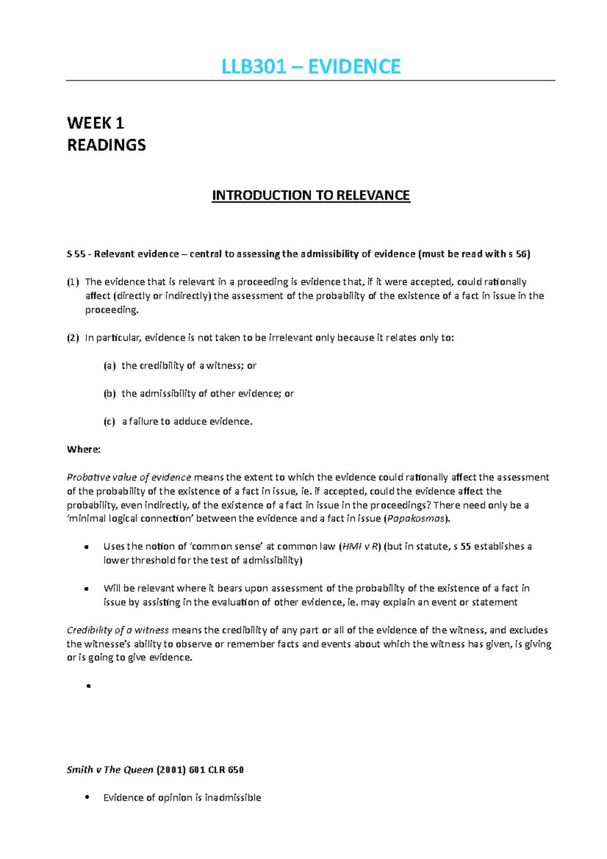 Lecture Notes Lecture 1 Summary Of Seminar And Lecture Notes Llb301 Evidence Week 1