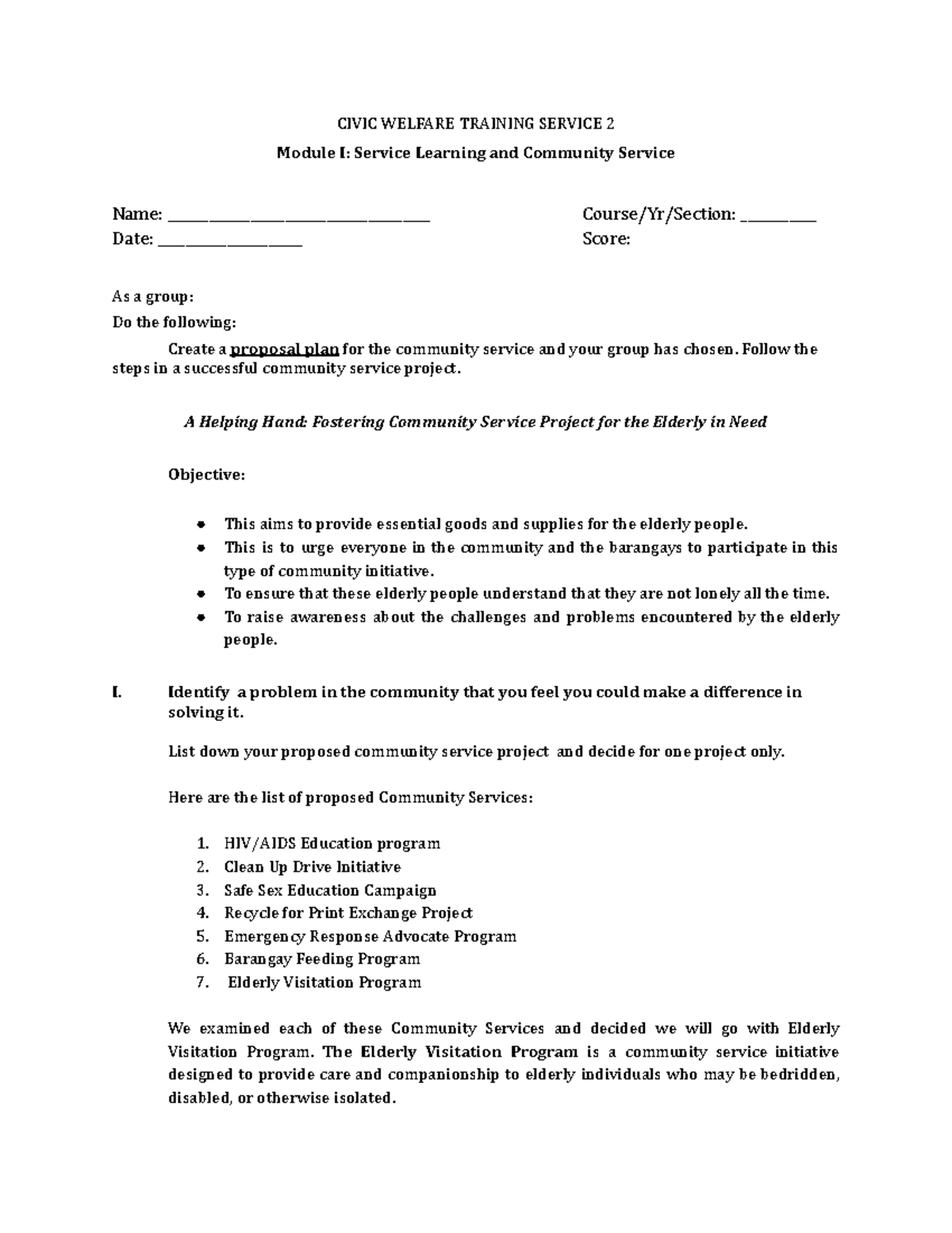 Community Service Proposal - CIVIC WELFARE TRAINING SERVICE 2 Module I ...