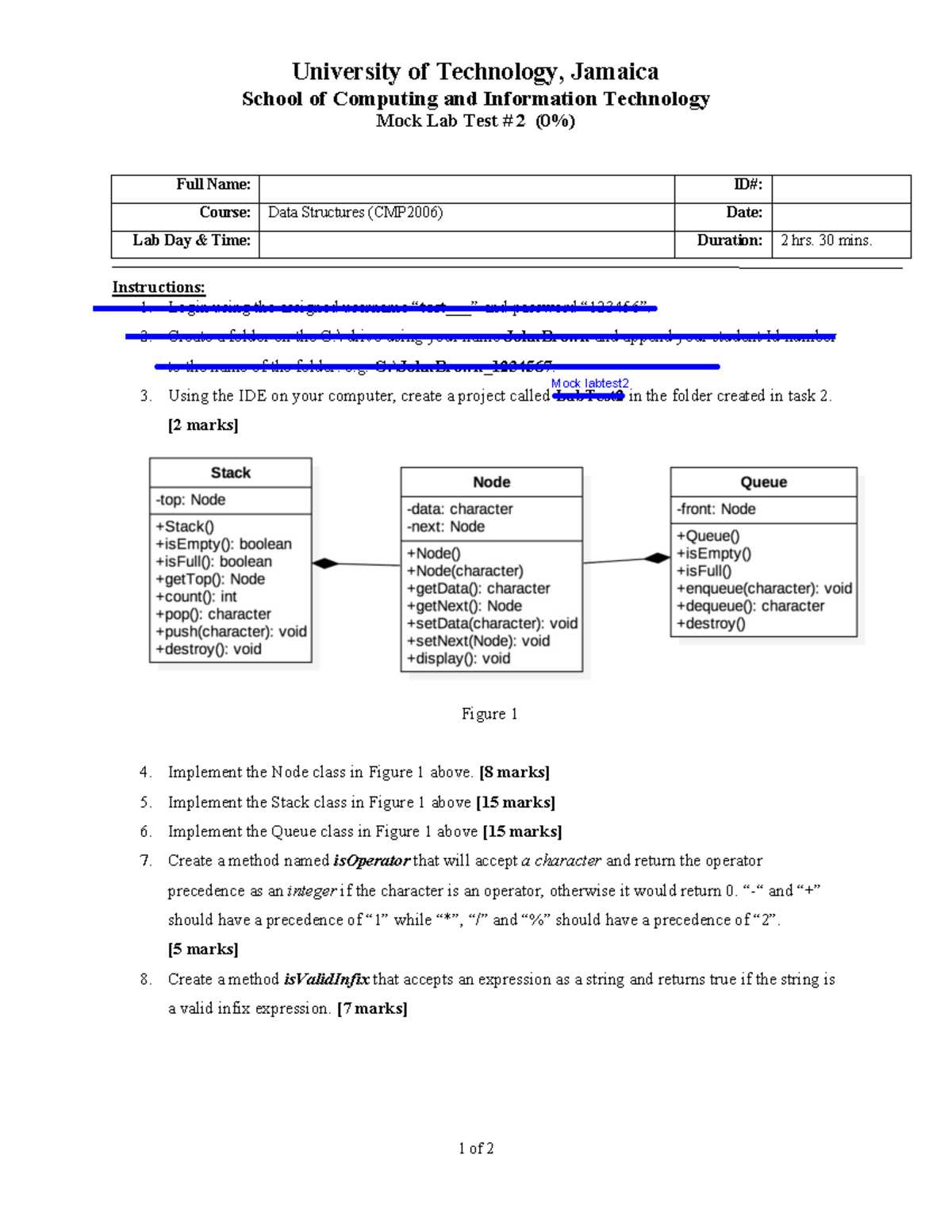 Mock DS Lab Test 2 2022-2023 - University of Technology, Jamaica School ...