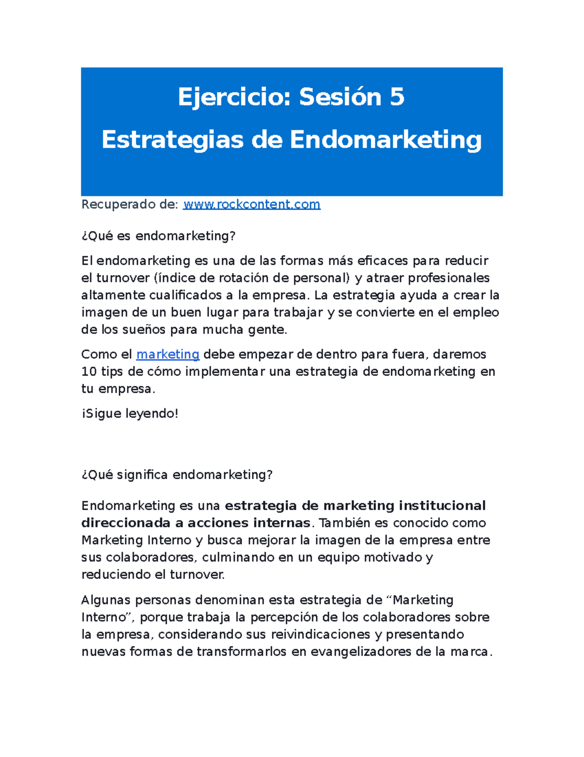 Ejercicio 5- Estrategias de endomarketing - Ejercicio: Sesión 5 ...