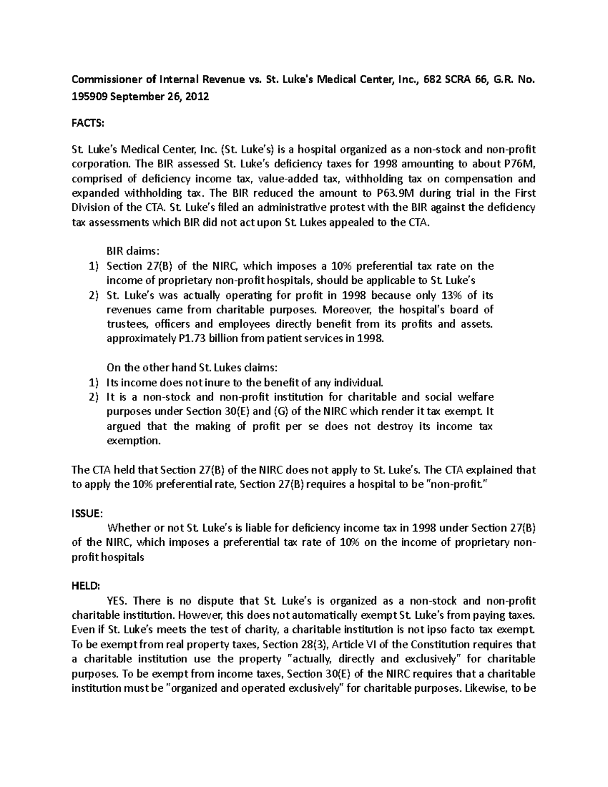 10. Commissioner of Internal Revenue vs. St. Luke's Medical Center, Inc ...