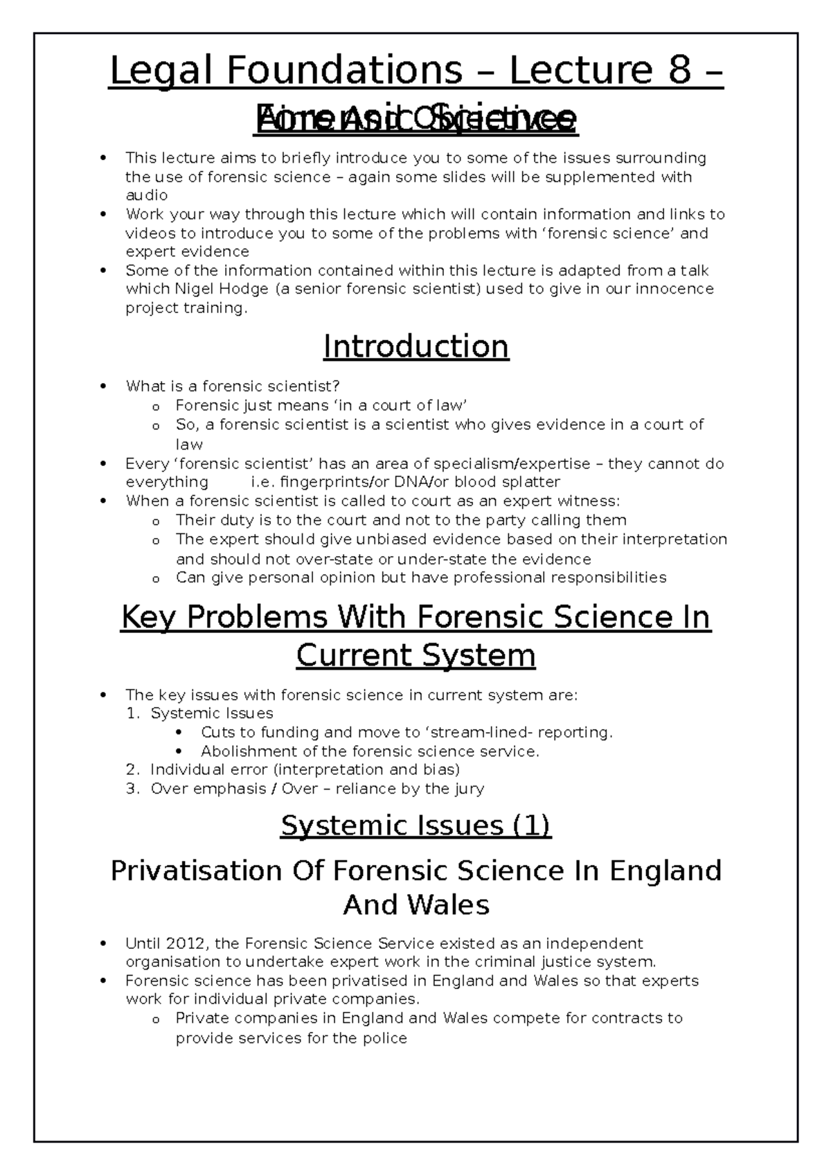 Lecture 8 - Topic One - LEFO - Aims And Objectives This lecture aims to ...