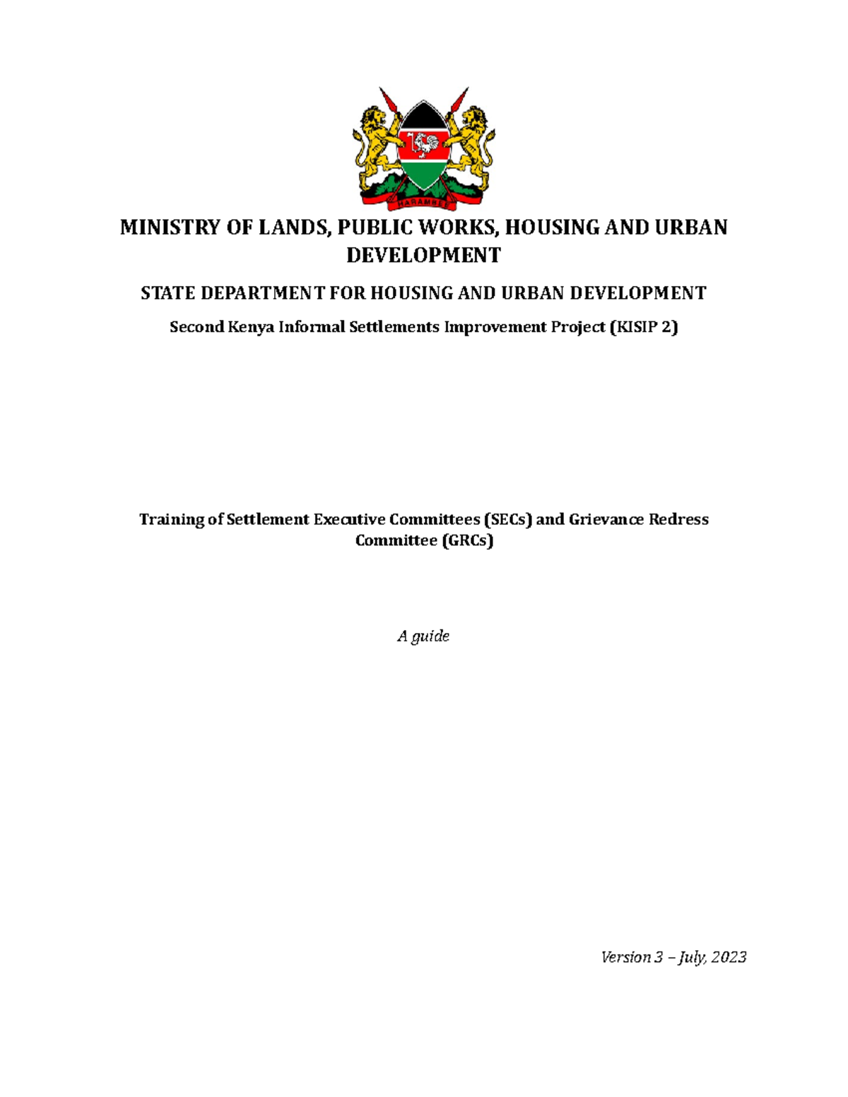 Training of SEC and GRCs - Guide September 2023 - MINISTRY OF LANDS, PUBLIC WORKS, HOUSING AND ...
