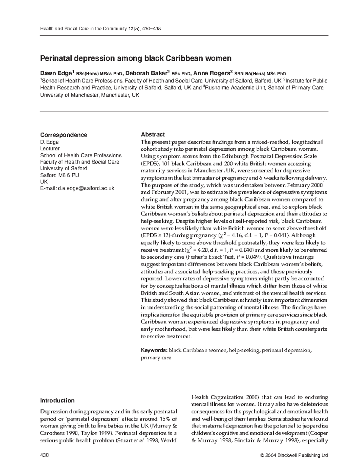 Perinatal depression among black Caribbe - Using symptom scores from ...