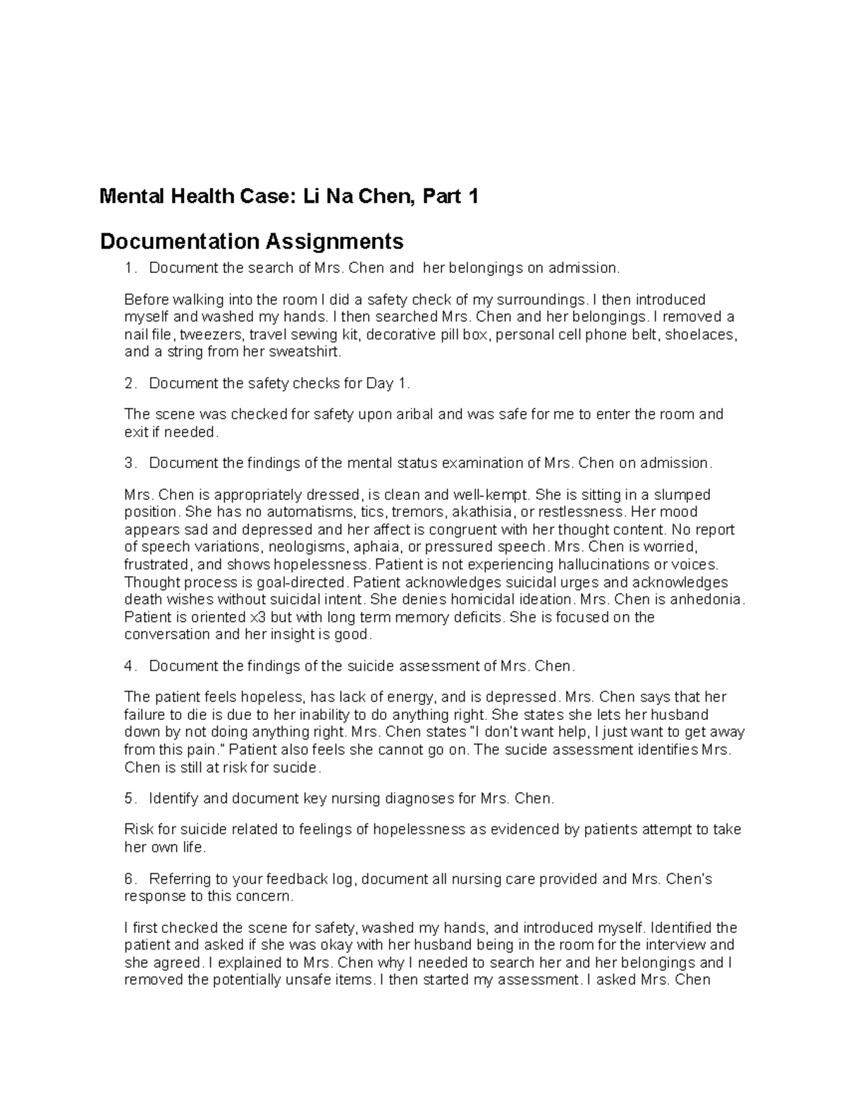 Li Na Chen, Part 1 documentation - Chen and her belongings on admission ...