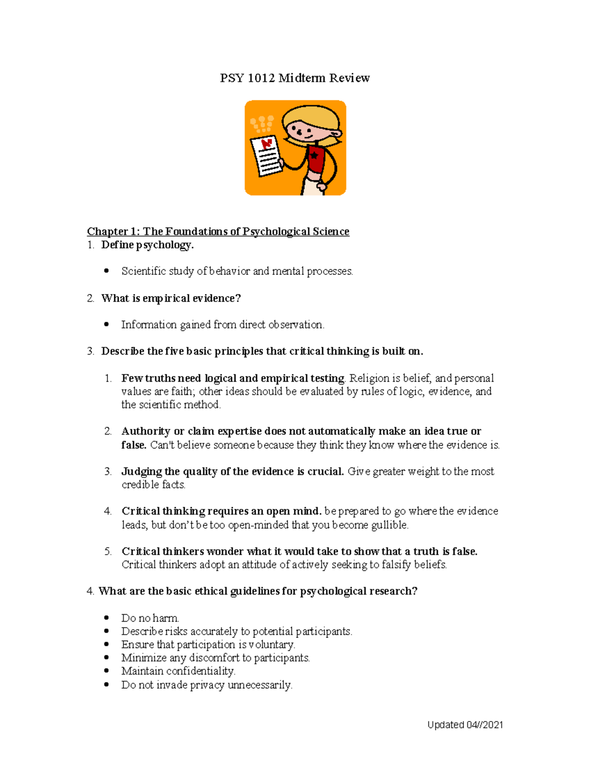 PSY 1012 Midterm Review - Coon 2022 - PSY 1012 Midterm Review Chapter 1 ...