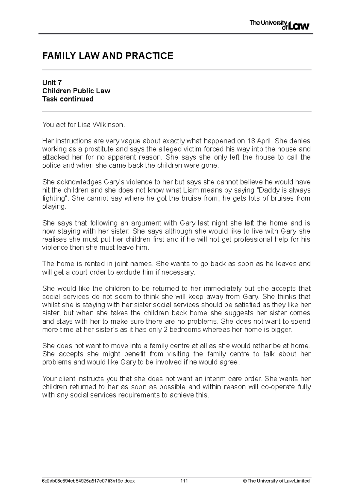 Role play scenario - Role play - FAMILY LAW AND PRACTICE Unit 7 ...