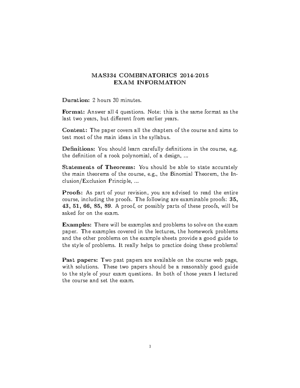 Exam 2015 Combinatorics: exam questions 2015 - MAS334 COMBINATORICS 2014- EXAM INFORMATION - Studocu
