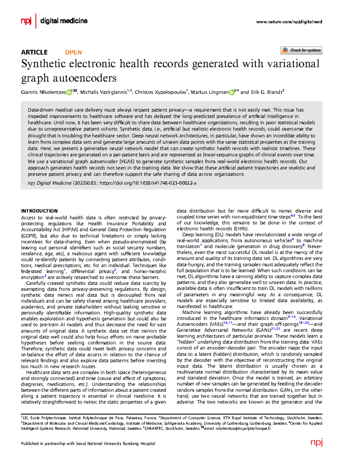 S41746 023 00822 x - sdkjf - ARTICLE OPEN Synthetic electronic health ...