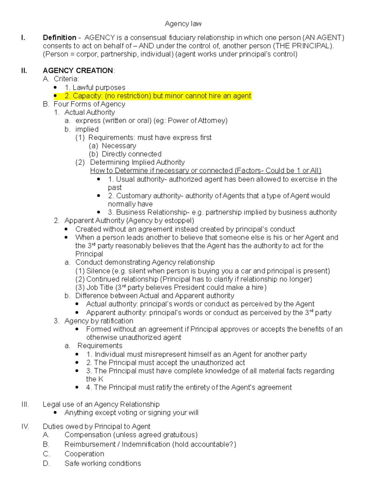 Commercial Law 2 Notes - Agency law I. Definition AGENCY is a ...