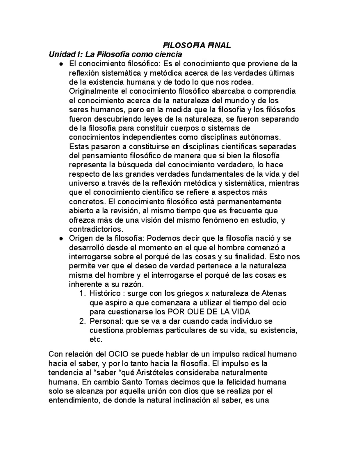 Filo final - FILOSOFIA FINAL Unidad I: La Filosofía como ciencia El ...