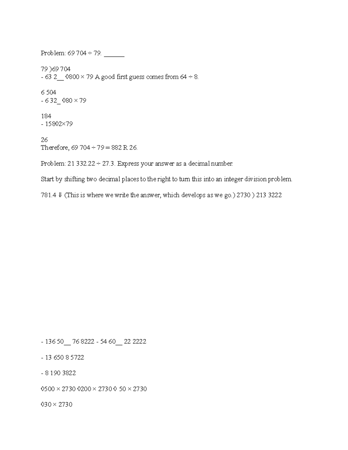 Math 101 - Notes - Problem: 69 704 ÷ 79. ______ 79 )69 704 63 2__ 800 × ...