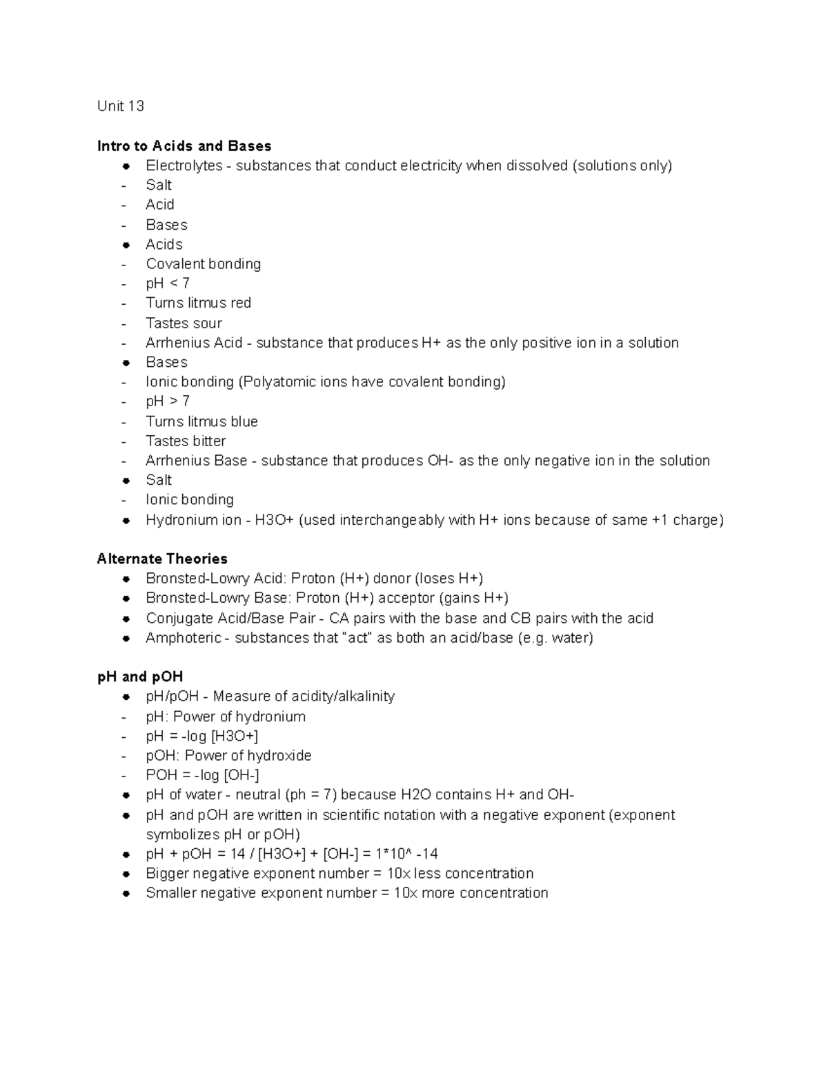 Exam 7 study guide - Unit 13 (Acids, Bases, and Salts) and Unit 14 ...