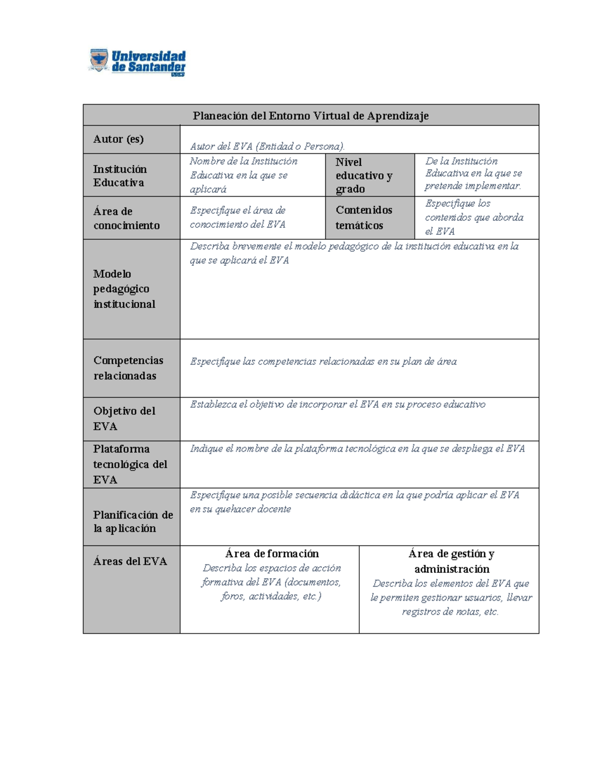 Formato planeacion EVA - Planeación del Entorno Virtual de Aprendizaje ...