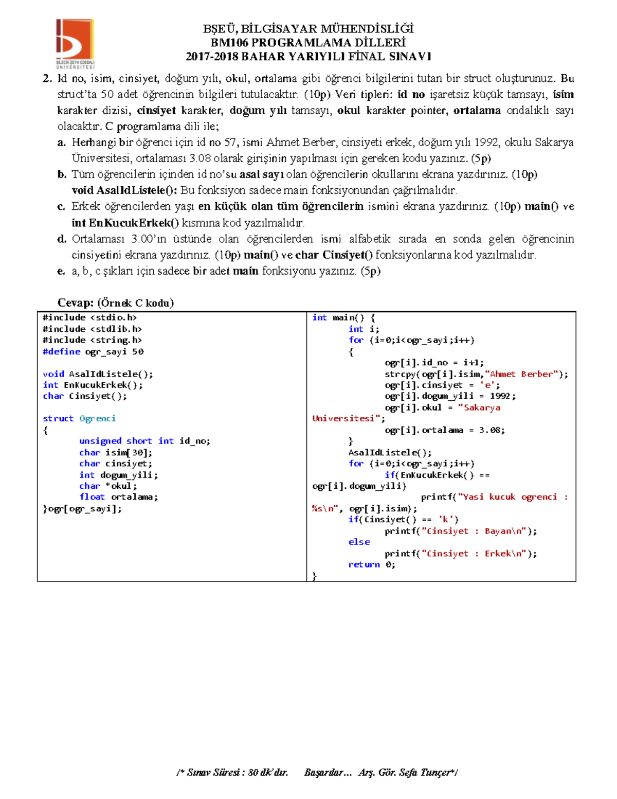 2018 Programlama Dilleri Final-Cevap 2 - BŞEÜ, BİLGİSAYAR MÜHENDİSLİĞİ ...