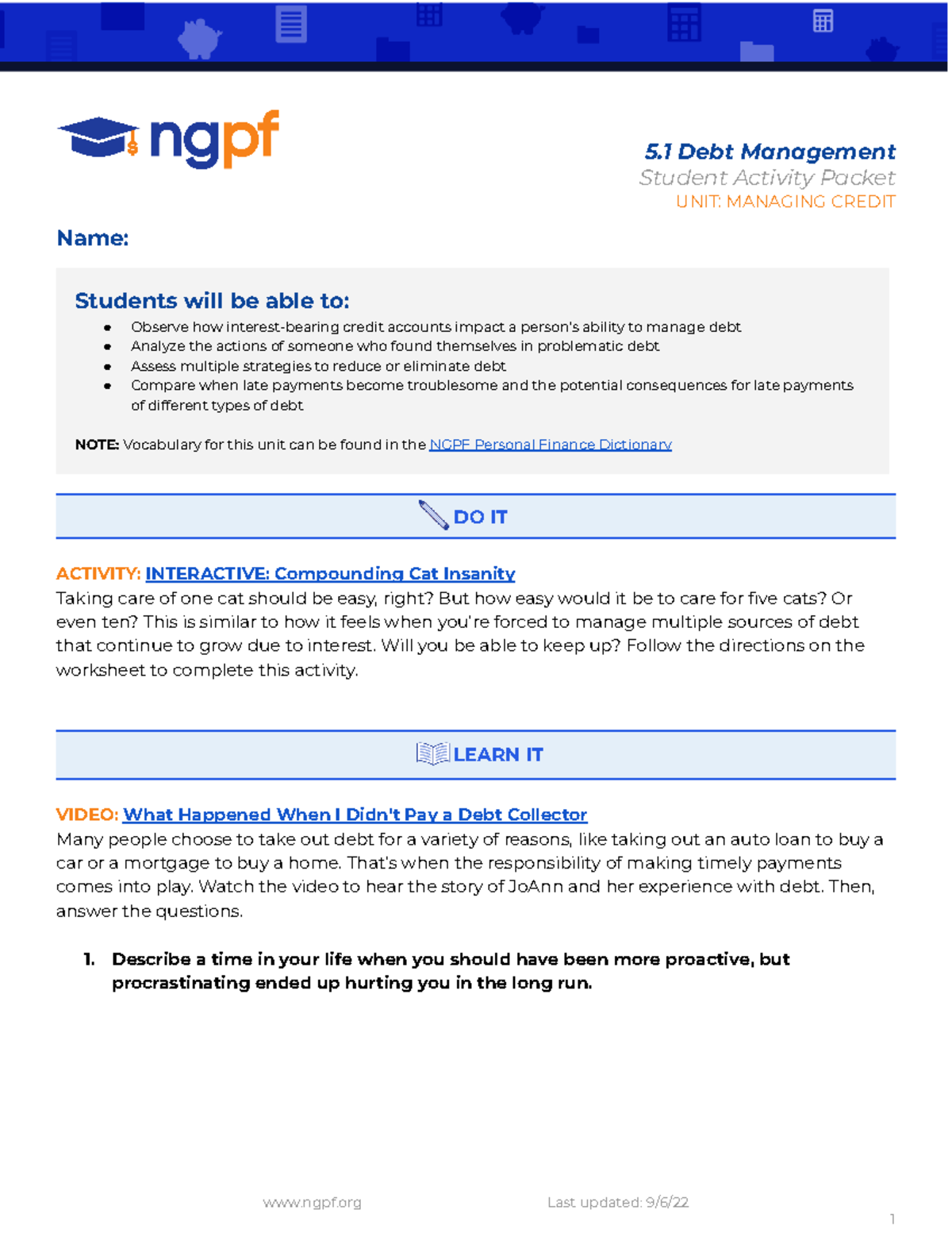 Debt+Management - n/a - 5 Debt Management Student Activity Packet UNIT ...
