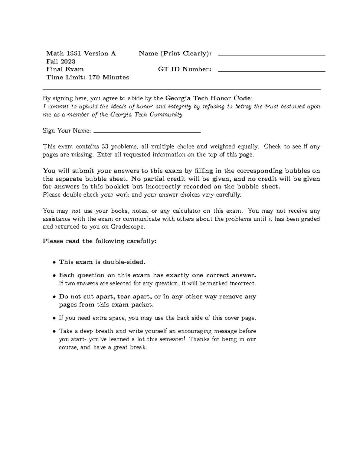 1551 finals practice - Math 1551 Version A Name (Print Clearly): Fall 2023 Final Exam GT ID ...