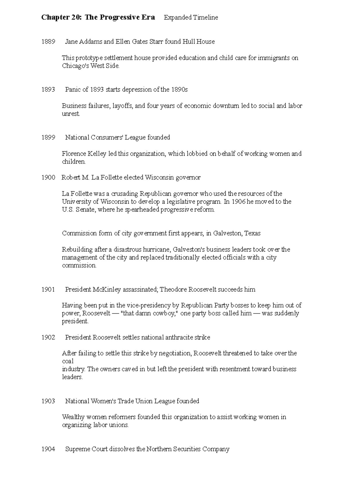 Chapter 20 The Progressive Era - 1893 Panic of 1893 starts depression ...
