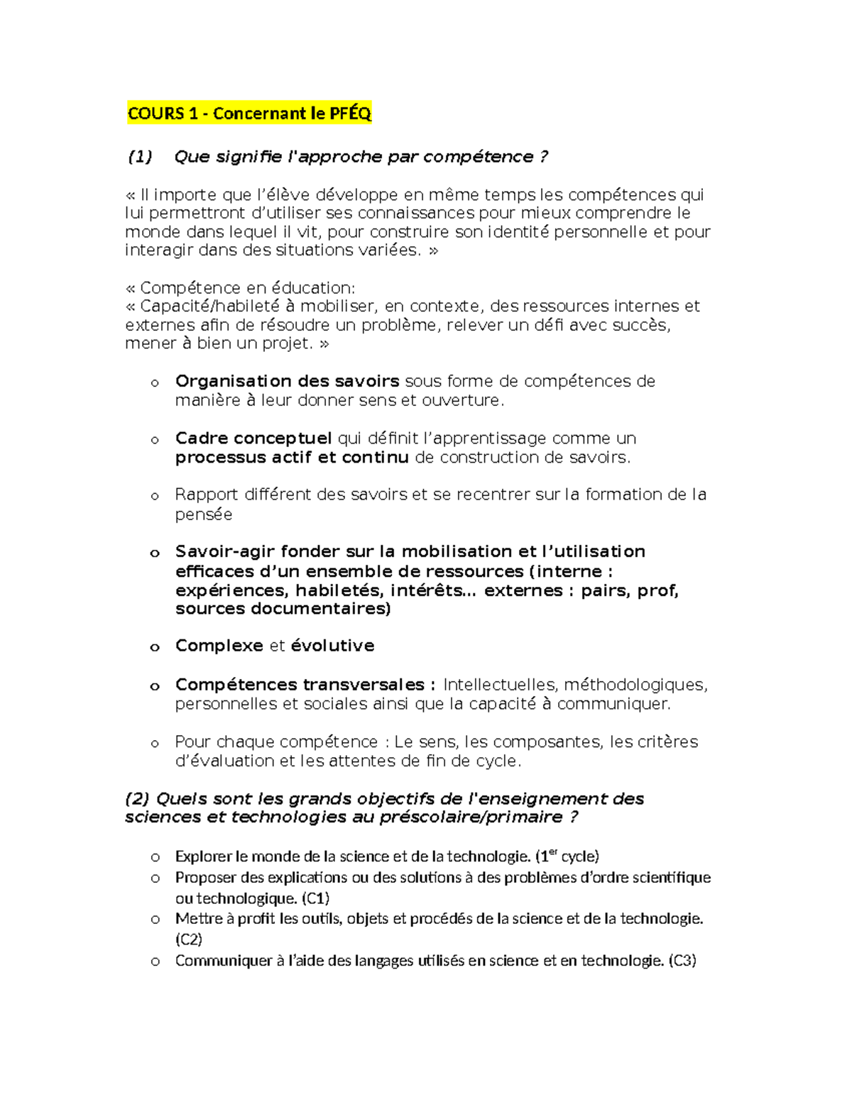 Questions - Lecture sciences - COURS 1 - Concernant le PFÉQ (1) Que ...