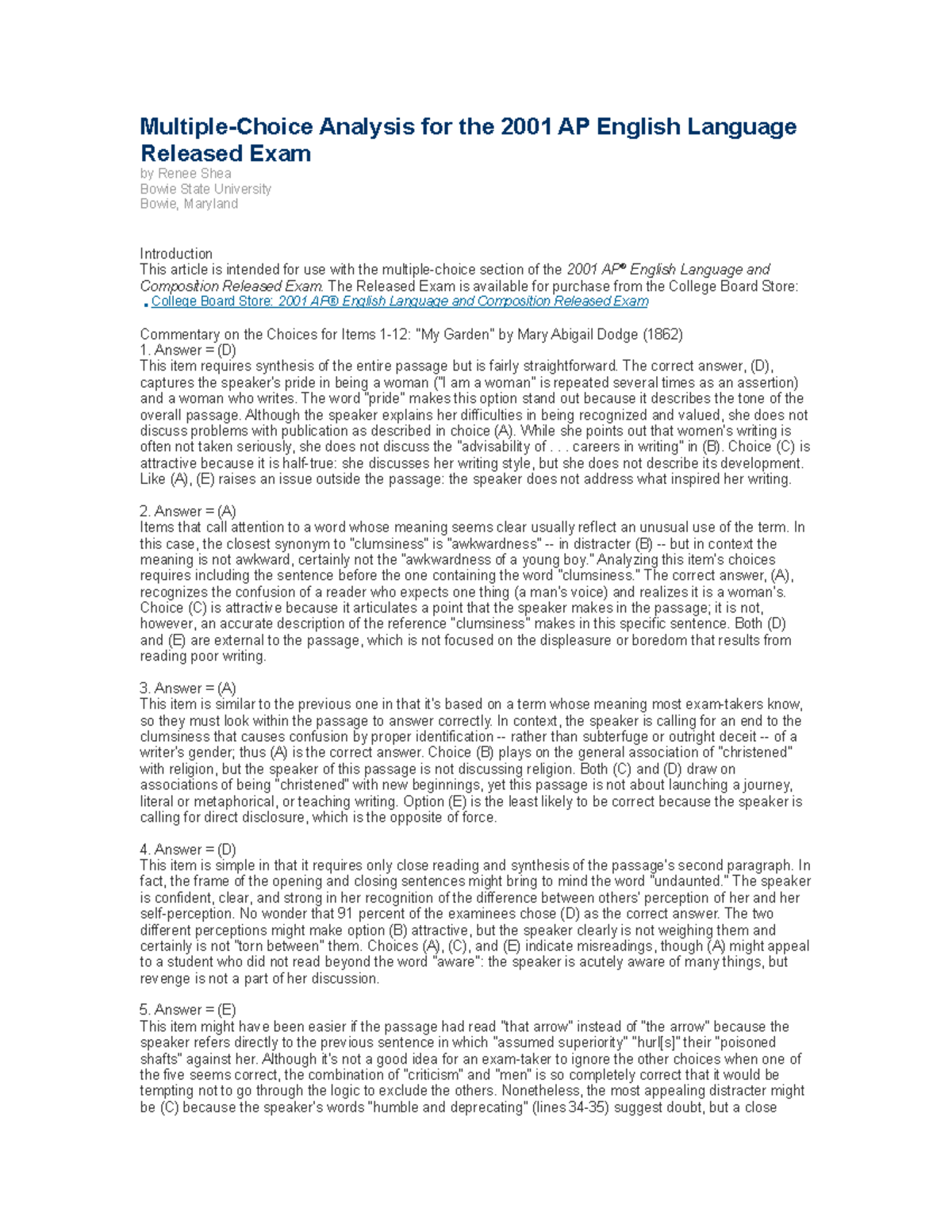 Answersto AP 2001 MC - its good - Multiple-Choice Analysis for the 2001 ...