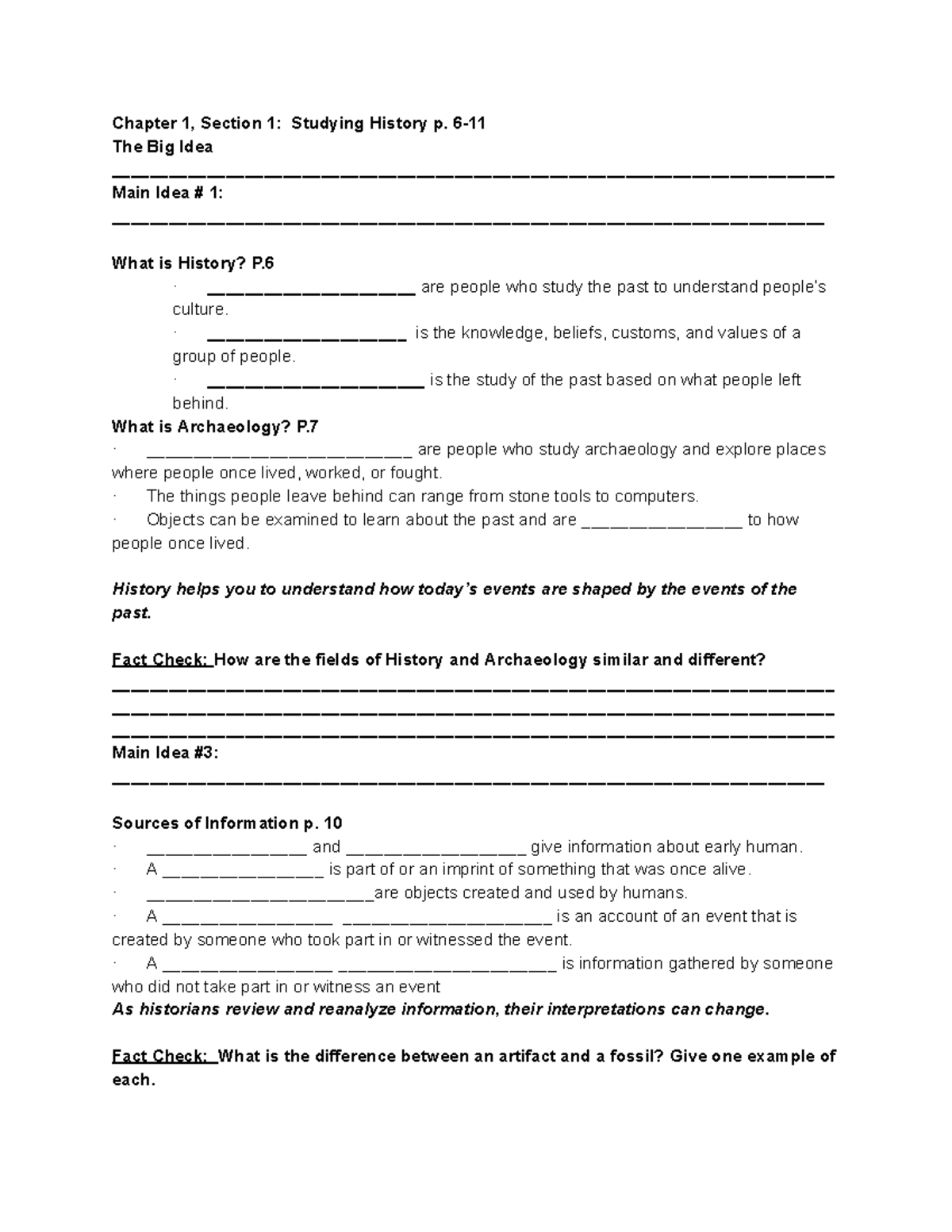 Chapter 1, Section 1 Studying History p6-11 - 6- The Big Idea Main Idea ...