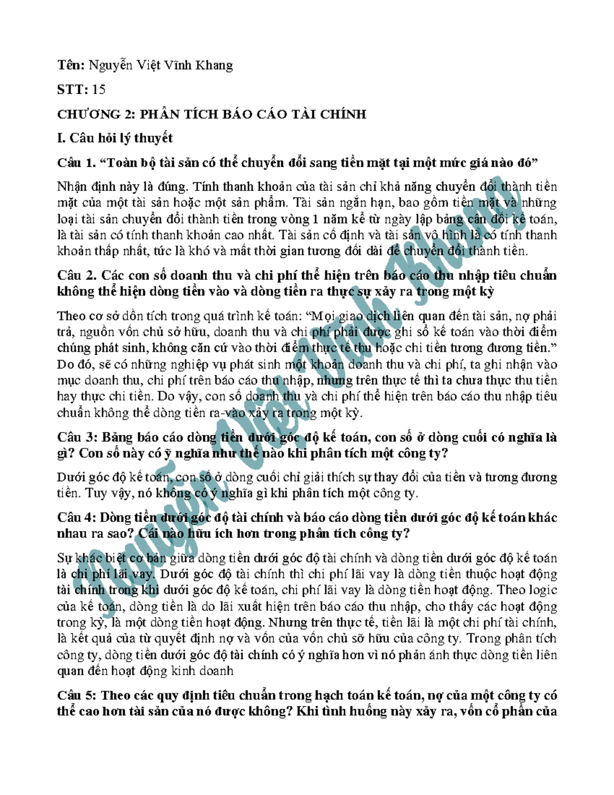 TCDN C2 Cô Hồ Thu Hoài - Tên: Nguyễn Việt Vĩnh Khang STT: 15 CHƯƠNG 2: PHÂN TÍCH BÁO CÁO TÀI ...