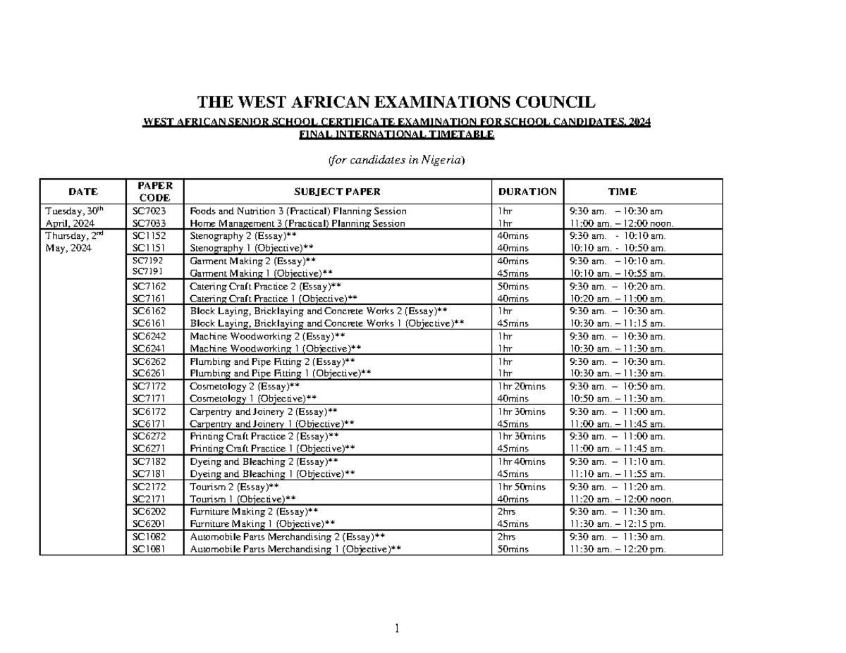 Wassce (SC) 2024 Final Timetable - THE WEST AFRICAN EXAMINATIONS ...