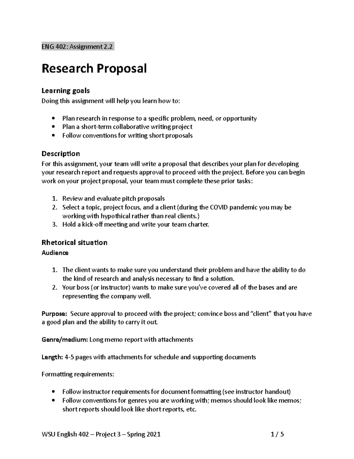 Spring 21 Assignment 3 - ENG 402: Assignment 2. Research Proposal Learning goals Doing this ...