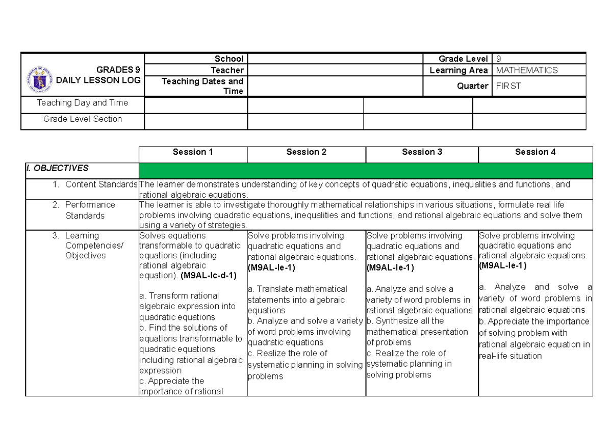 G9 DLL Q1 -WK 4-LC 5,6 - GRADES 9 DAILY LESSON LOG School Grade Level 9 ...