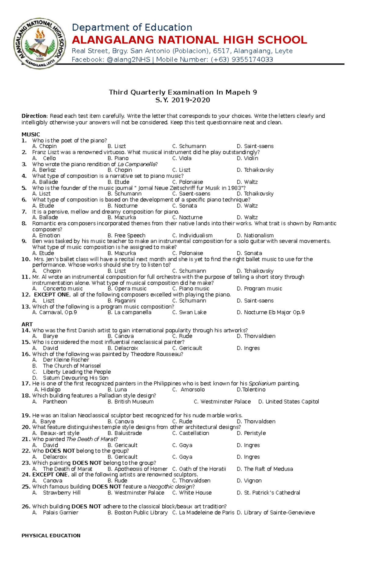 3rd Mapeh 9 TQ - Guide - Department of Education ALANGALANG NATIONAL HIGH SCHOOL Real Street ...