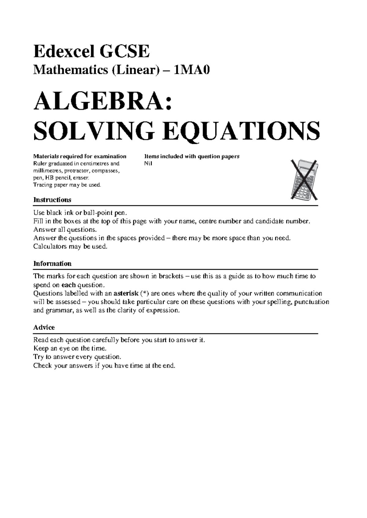 Algebraic equations - Edexcel GCSE Mathematics (Linear) – 1MA ALGEBRA ...