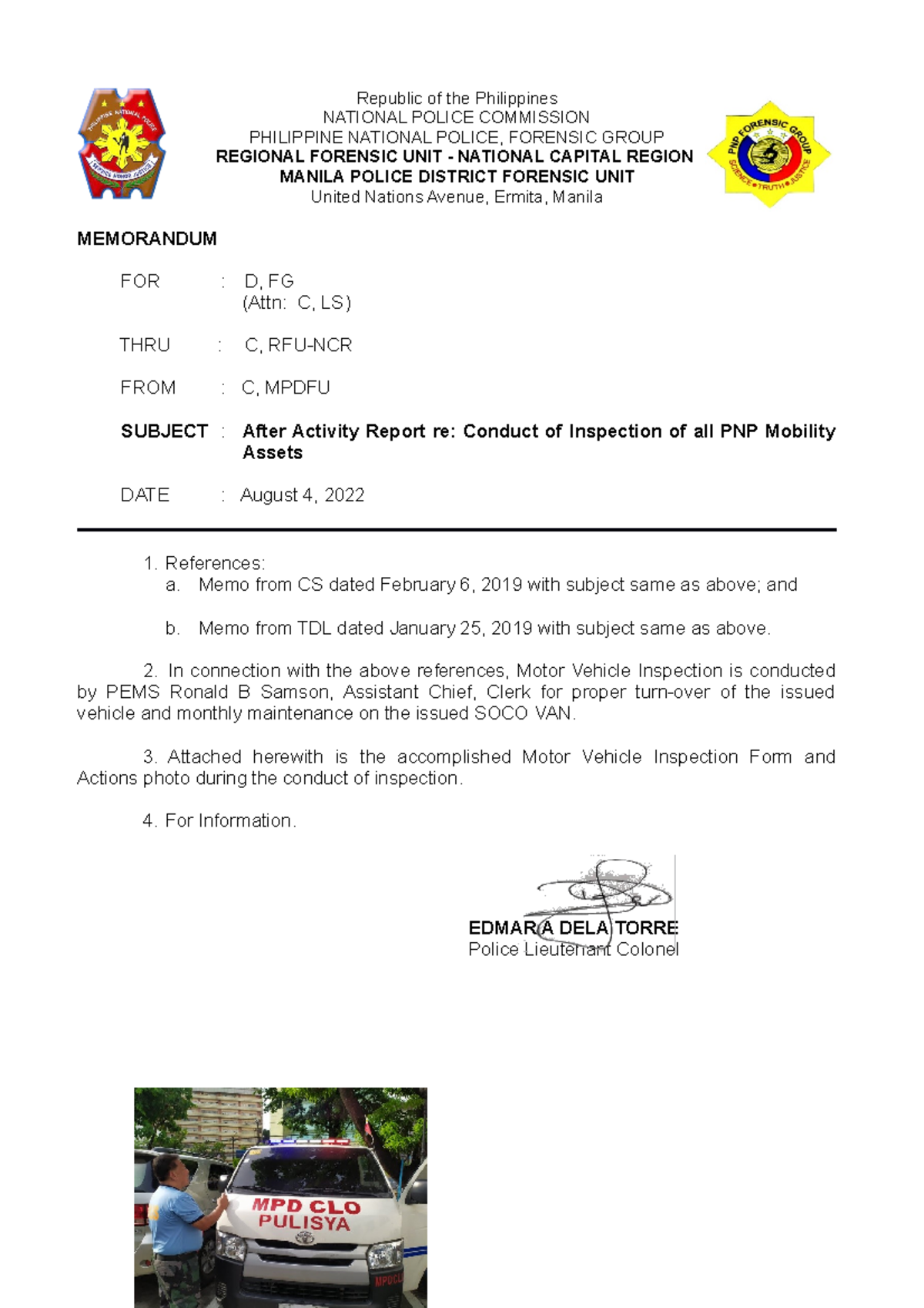 August AAR of Inspection of SOCO Van for 2022 - Republic of the ...