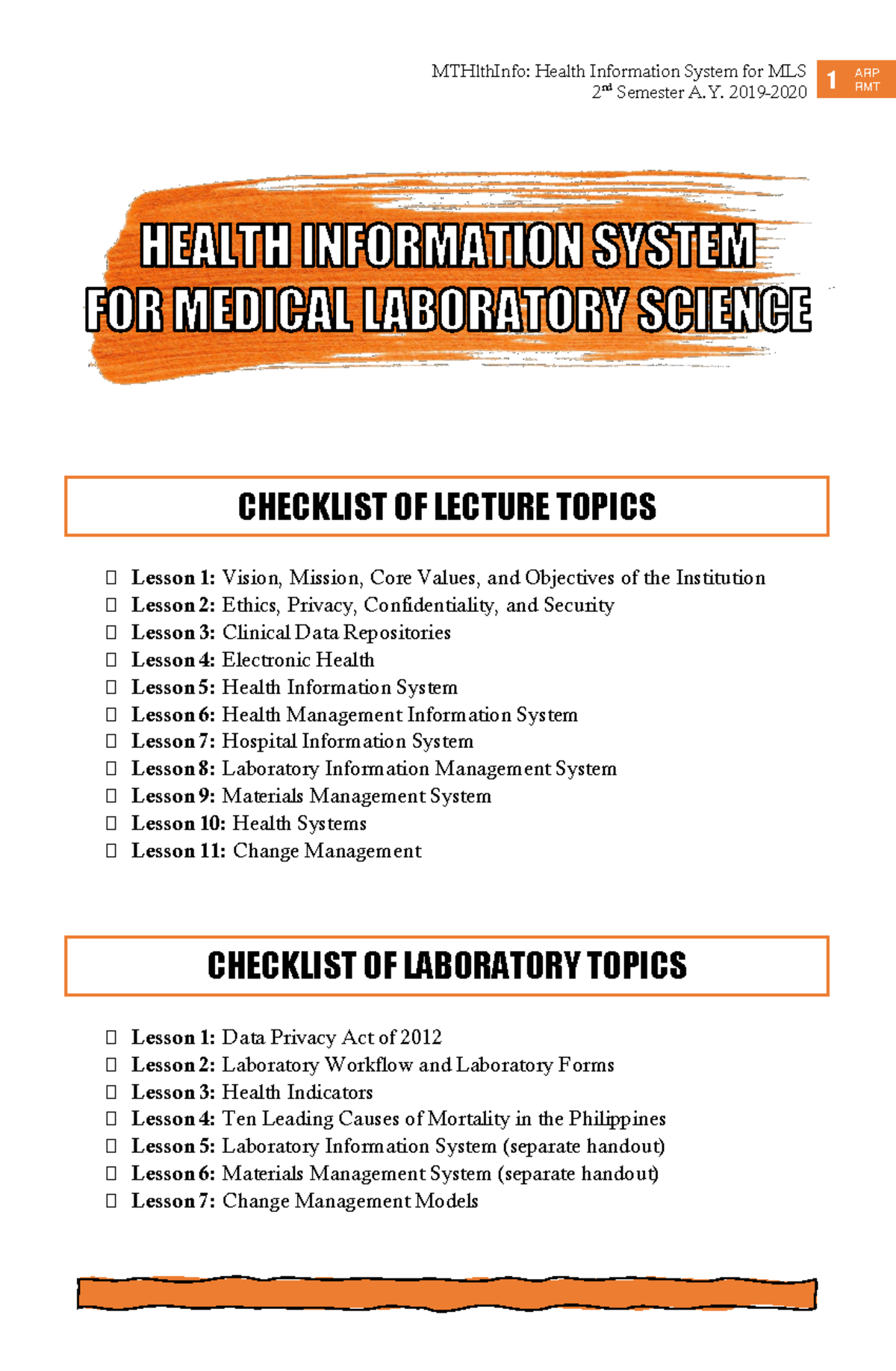 Health Information System - 2019- RMT CHECKLIST OF LECTURE TOPICS ...