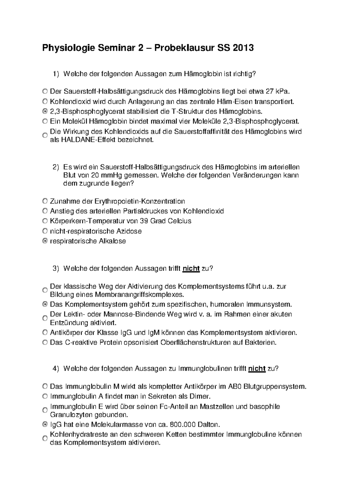 Klausur 5 Mai 2013, Fragen und Antworten - Physiologie Seminar 2 – Probeklausur SS 2013 1 ...