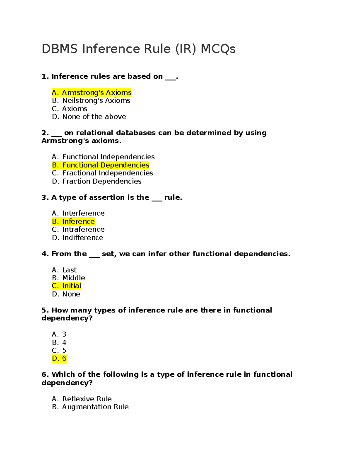 DBMS Inference Rule - MCQ question on functional dependency - DBMS Inference Rule (IR) MCQs ...