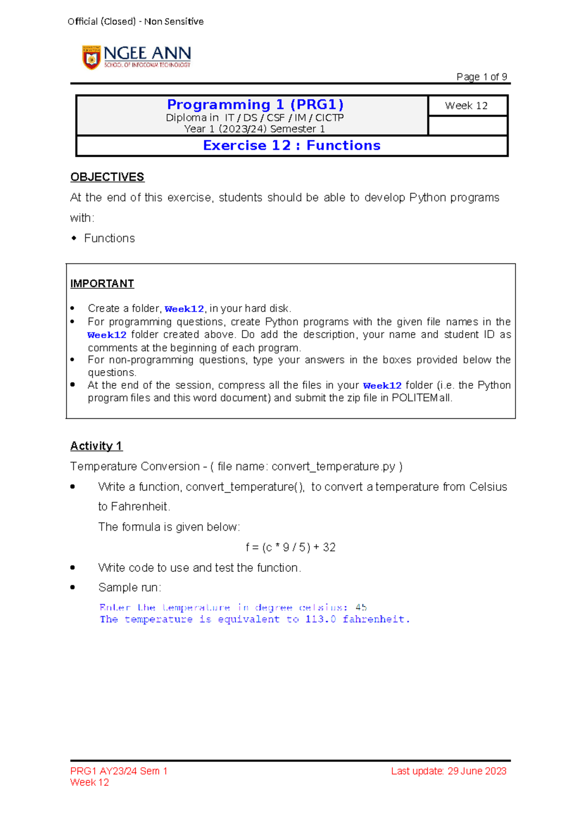 PRG1 Week 12 Exercise - Page 1 of 9 Programming 1 (PRG1) Diploma in IT / DS / CSF / IM / CICTP ...