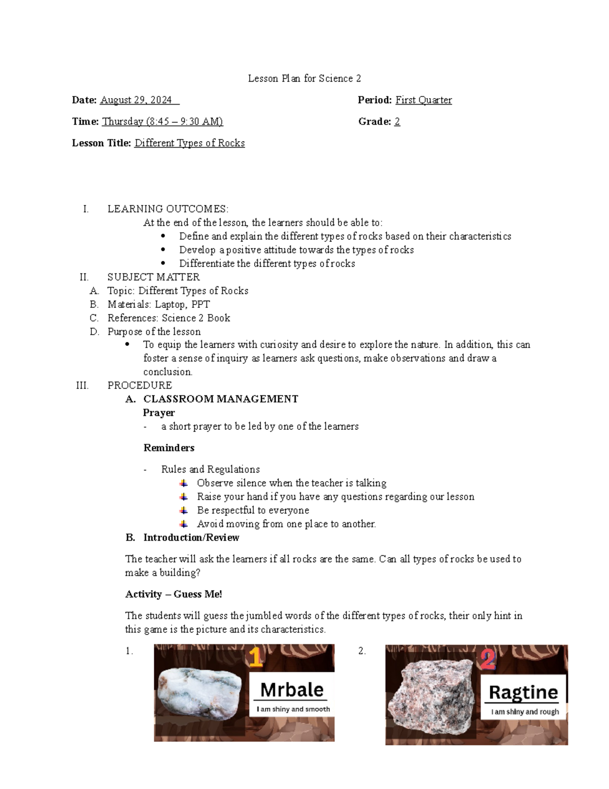 Lesson Plan for Science 2 - LEARNING OUTCOMES: At the end of the lesson ...