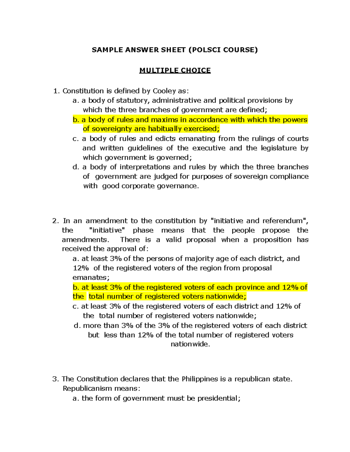 Sample QUIZ Under Polsci Course - SAMPLE ANSWER SHEET (POLSCI COURSE ...