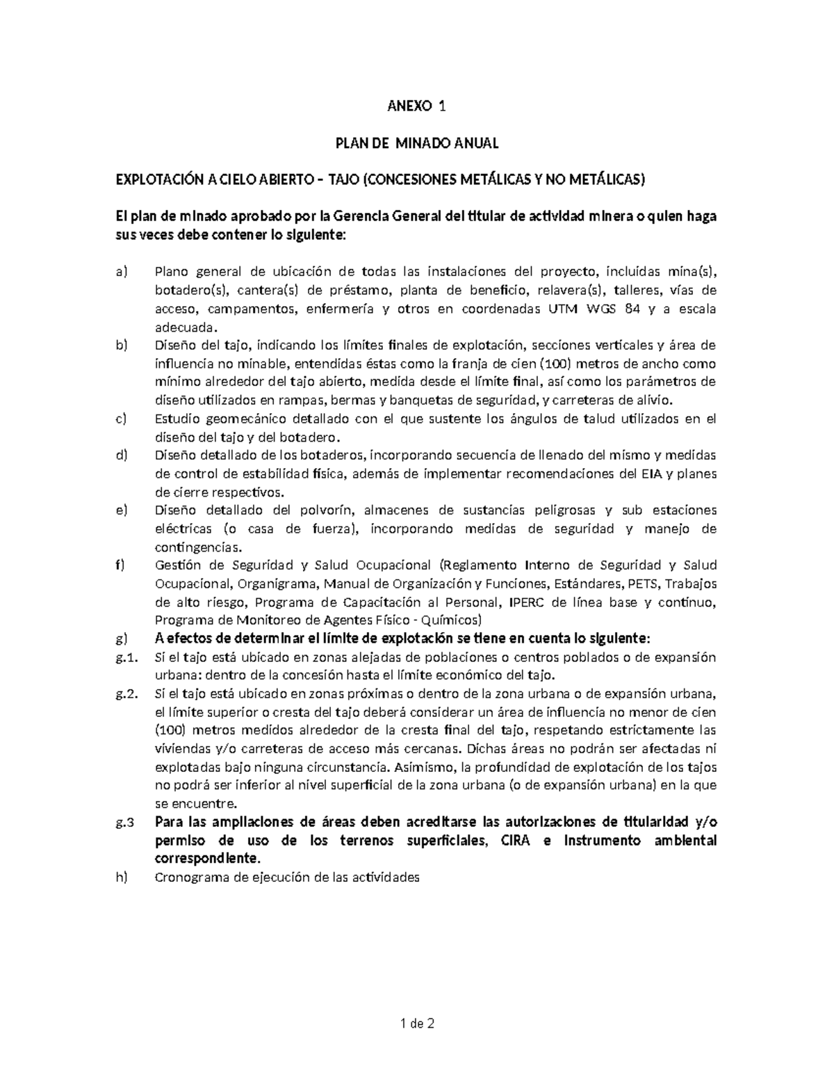 Anexo 1 PLAN DE Minado Anual - ANEXO 1 PLAN DE MINADO ANUAL EXPLOTACIÓN ...