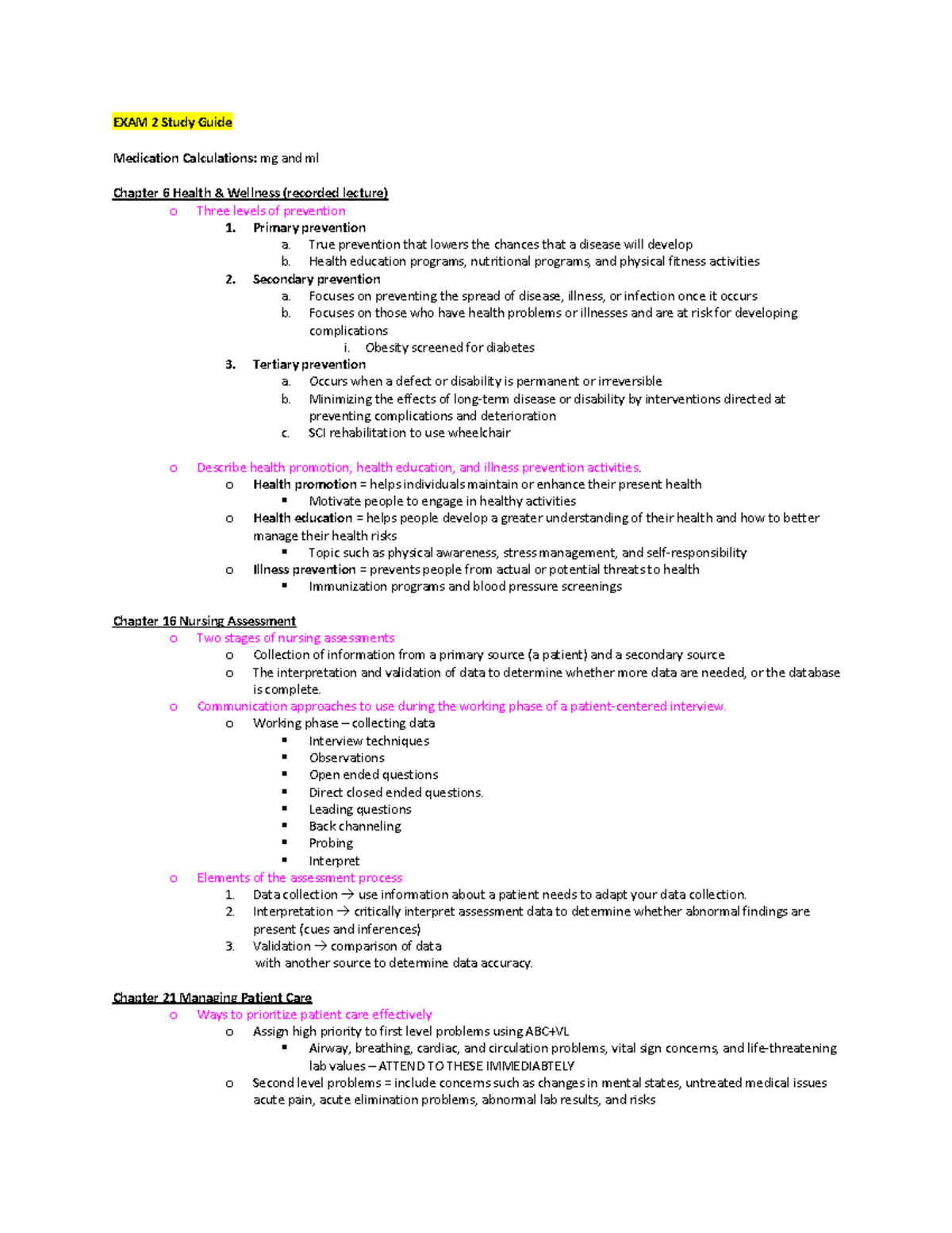 Exam 2 Study Guide SP 2024 - EXAM 2 Study Guide Medication Calculations ...