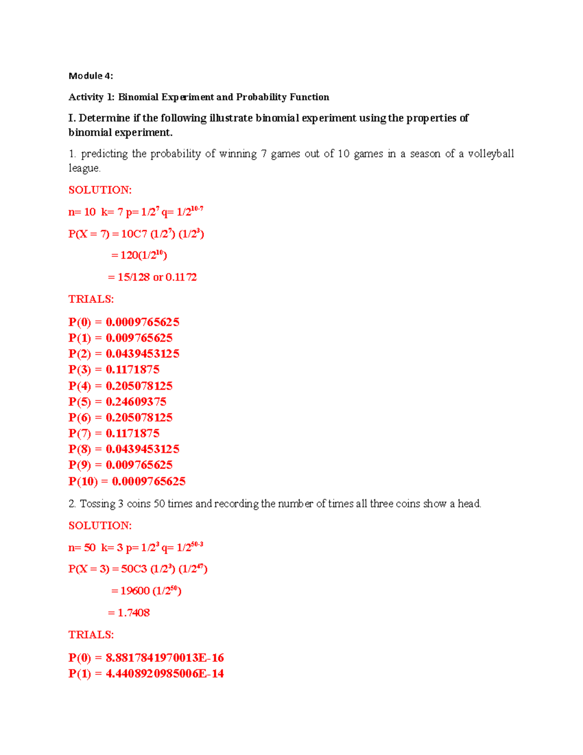 BINOMIAL EXPERIMENT AND PROBABILITY FUNCTION - Module 4: Activity 1 ...