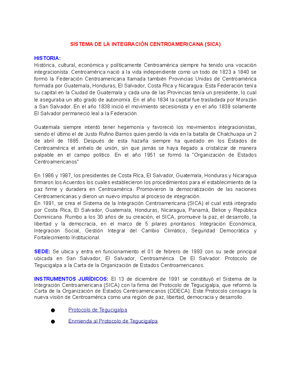 SISTEMA DE LA INTEGRACIÓN CENTROAMERICANA (SICA) - SISTEMA DE LA INTEGRACIÓN CENTROAMERICANA ...