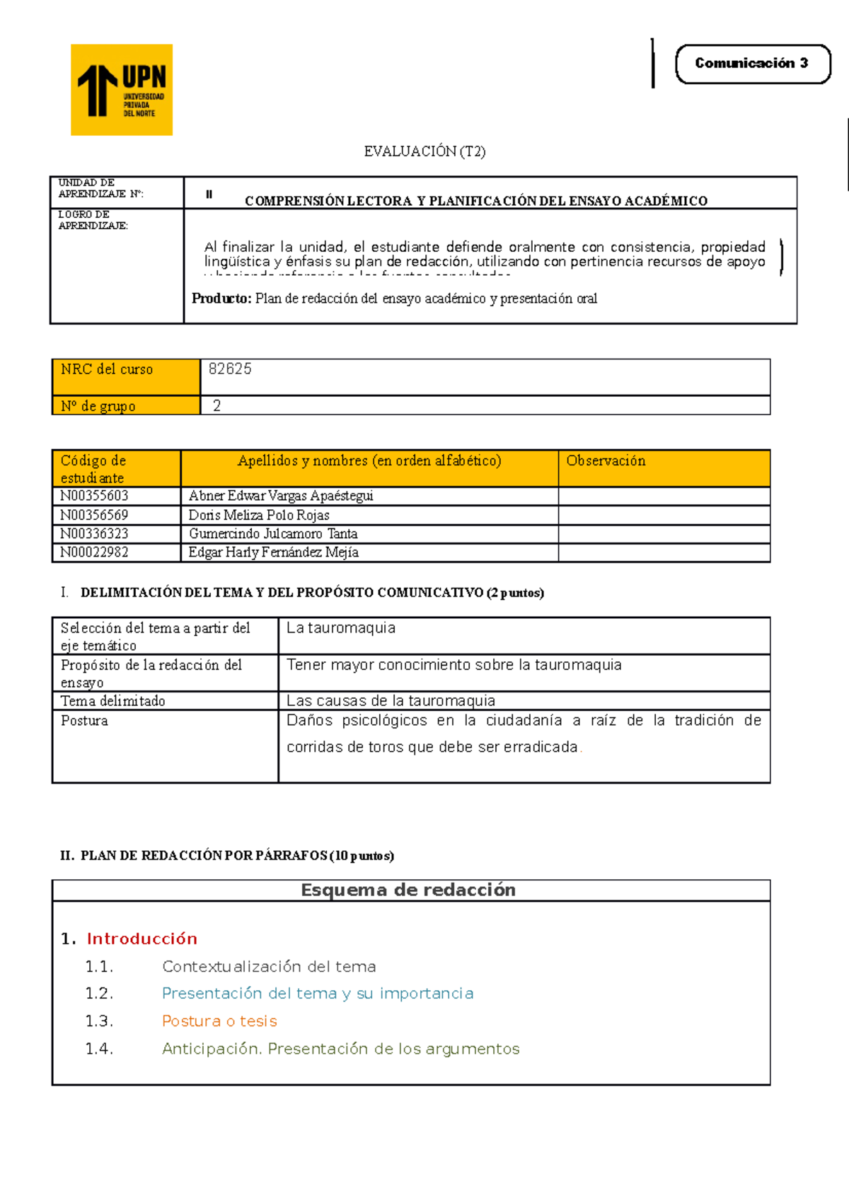 COMU 3 Grupo 2 T2 - .... - EVALUACIÓN (T2) UNIDAD DE APRENDIZAJE N°: COMPRENSIÓN LECTORA Y - Studocu