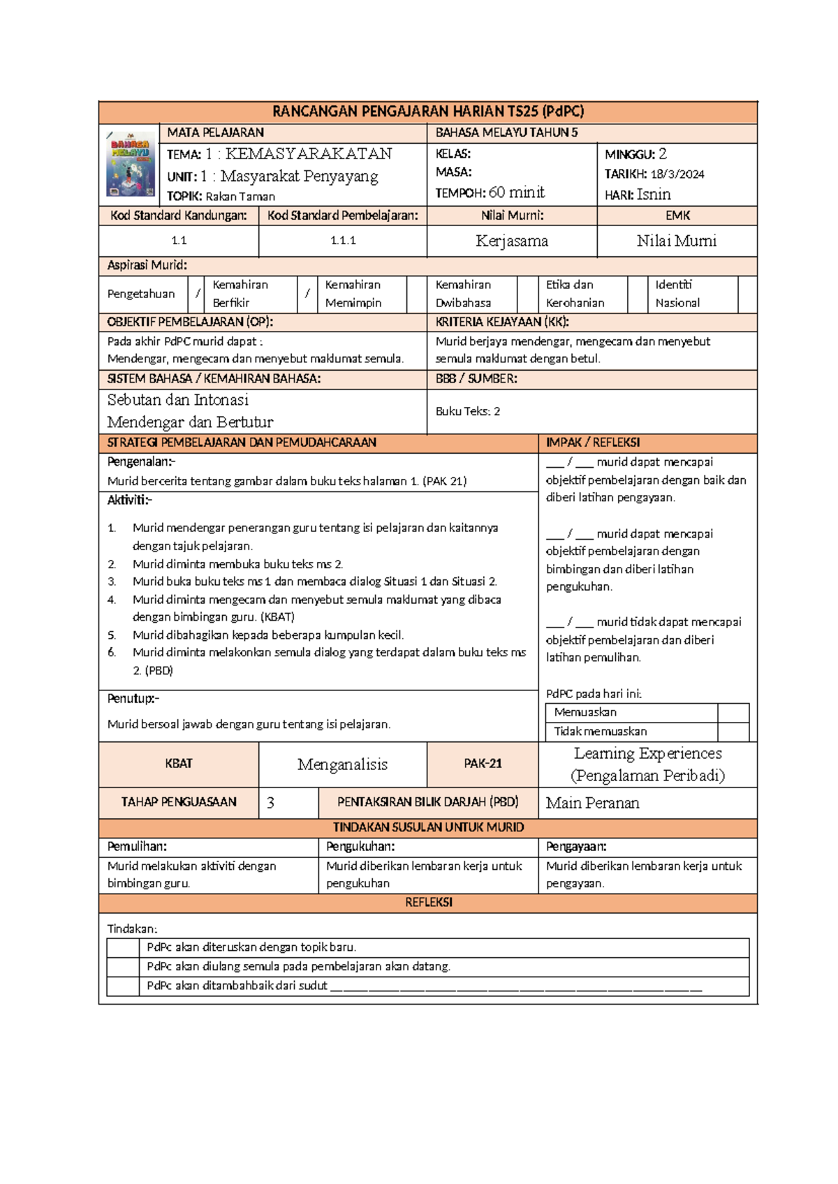RPH BM TH5 TS25 M1 - rph - RANCANGAN PENGAJARAN HARIAN TS25 (PdPC) MATA PELAJARAN BAHASA MELAYU ...