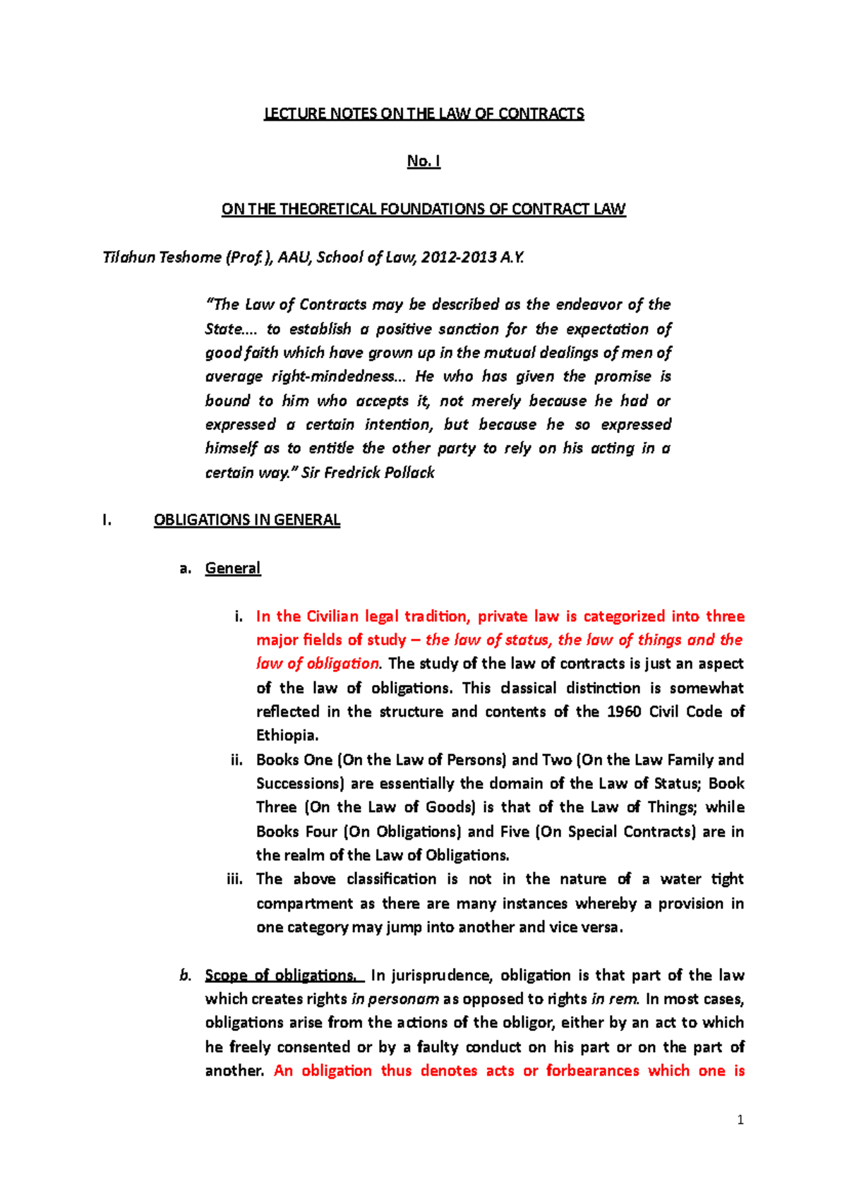 4 5949278691421848671 - LECTURE NOTES ON THE LAW OF CONTRACTS No. I ON ...